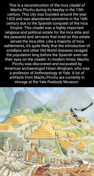 This is a reconstruction of the Inca citadel of Machu Picchu during its ...