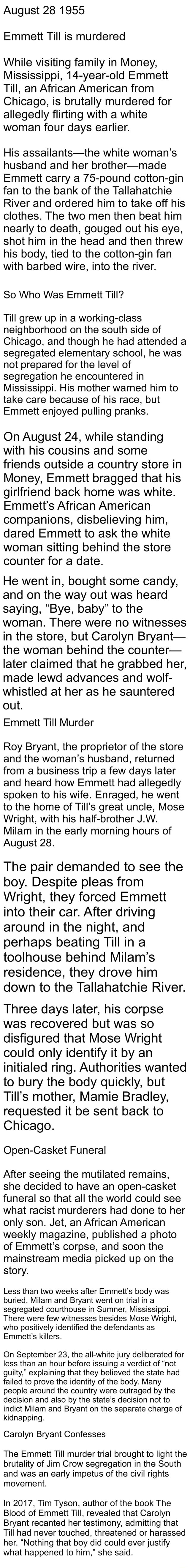 August 28 1955 Emmett Till is murdered While visiting family in Money ...