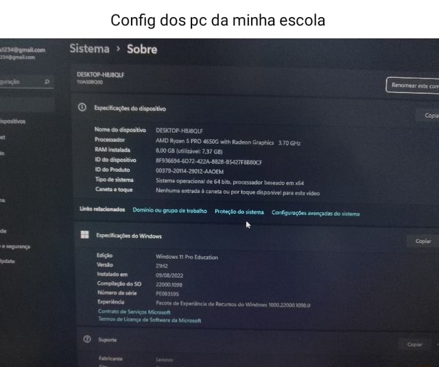 Config dos pc da minha escola Sistema > Sobre Especificações do ...