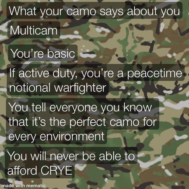 What your camo says about you Multicam You're basic If active duty, you ...