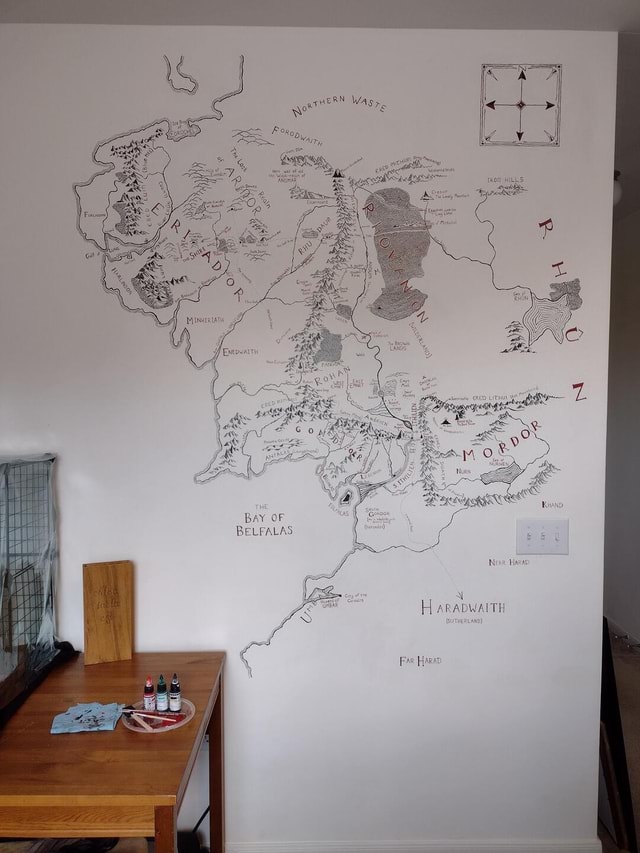 Finally finished my Middle-Earth map painted on my office wall! (with ...