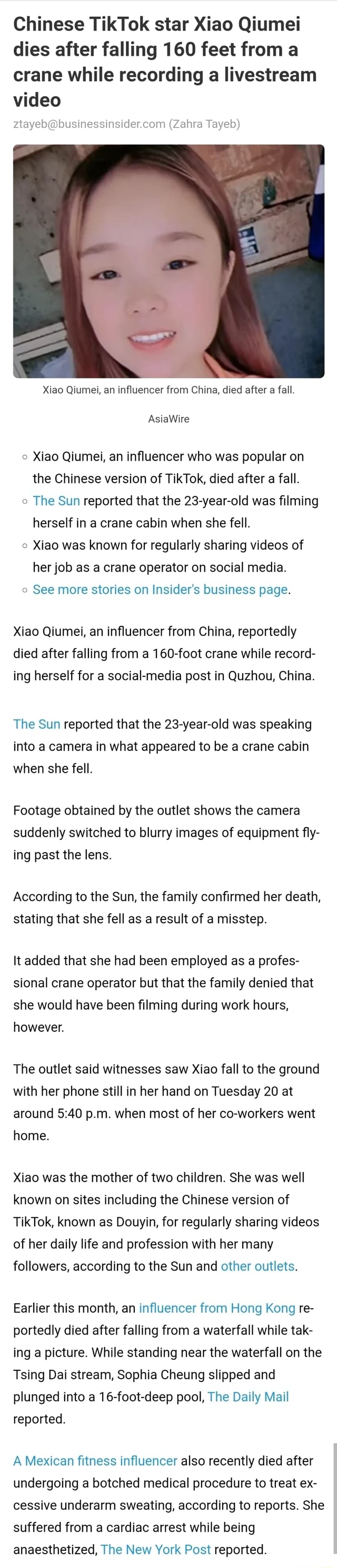 Chinese TikTok star Xiao Qiumei dies after falling 160 feet from a ...