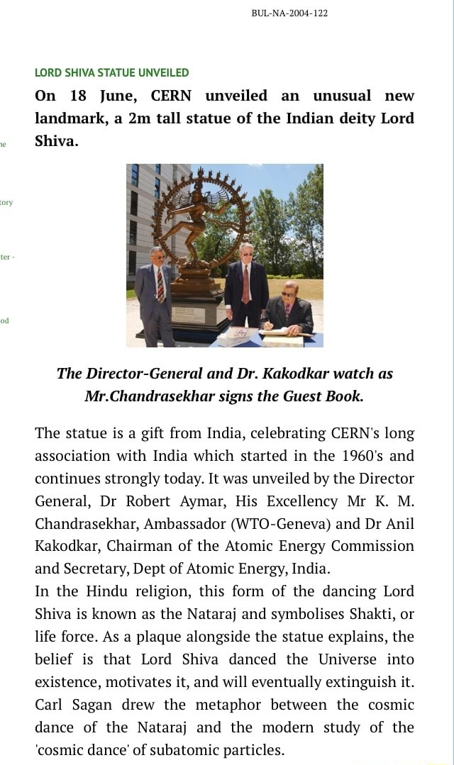 Od NA LORD SHIVA STATUE UNVEILED On 18 June, CERN unveiled an unusual ...