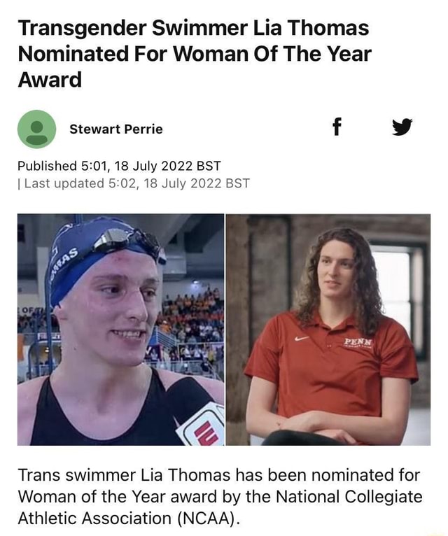 Transgender Swimmer Lia Thomas Nominated For Woman Of The Year Award ...