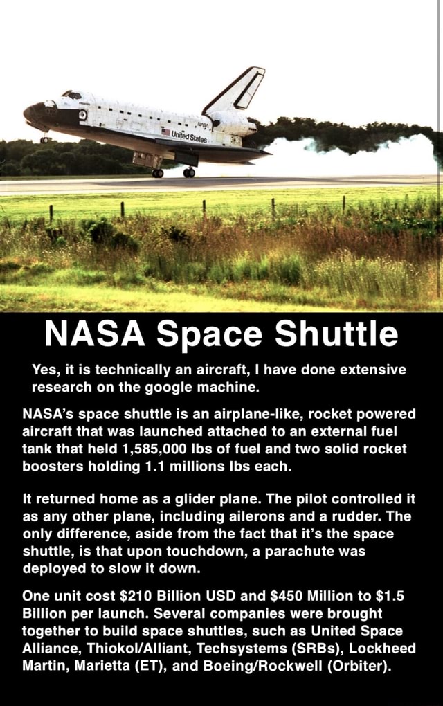 NASA Space Shuttle Yes, it is technically an aircraft, I have done extensive research on the ...