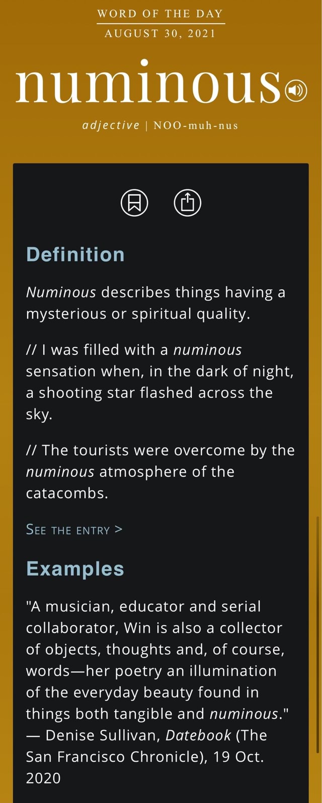 WORD OF THE DAY AUGUST 30, 2021 numinous" adjective I NOO-muh-nus ...