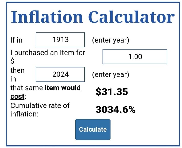 Inflation Calculator If in 1913 I purchased an item for then 2024 in ...