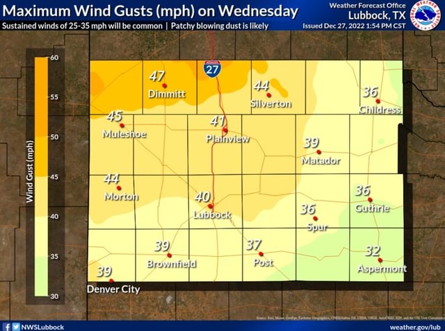 Maximum Wind Gusts (mph) on Wednesday uubbock, TX Sustained winds of 25 ...