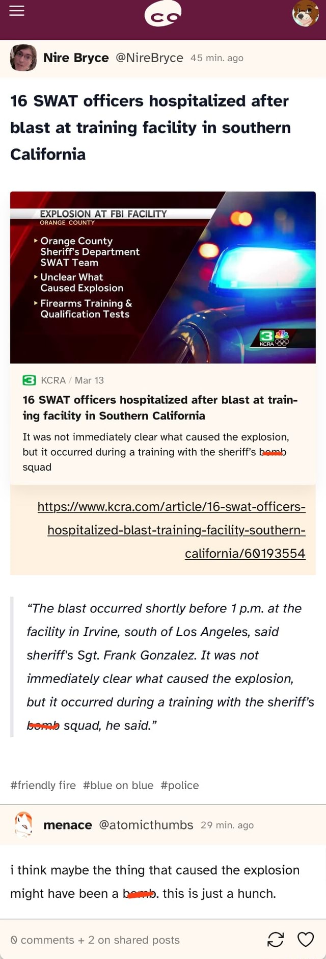 Mire Bryce @NireBryce 45 min. ago 16 SWAT officers hospitalized after blast at training facility ...