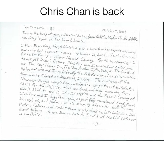 Chris Chan is back Hey, Keaneth, O-tober 2024 This is the Specking Body ...