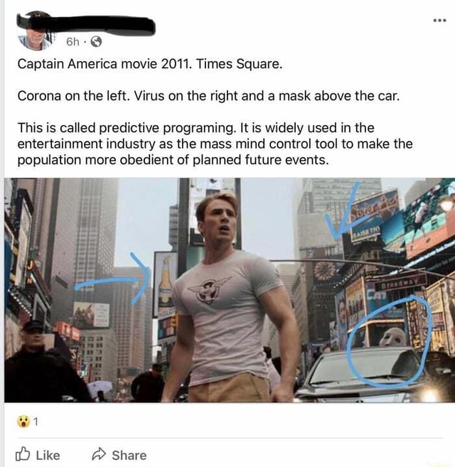 Captain America movie 2011. Times Square. Corona on the left. Virus on the right and a mask ...