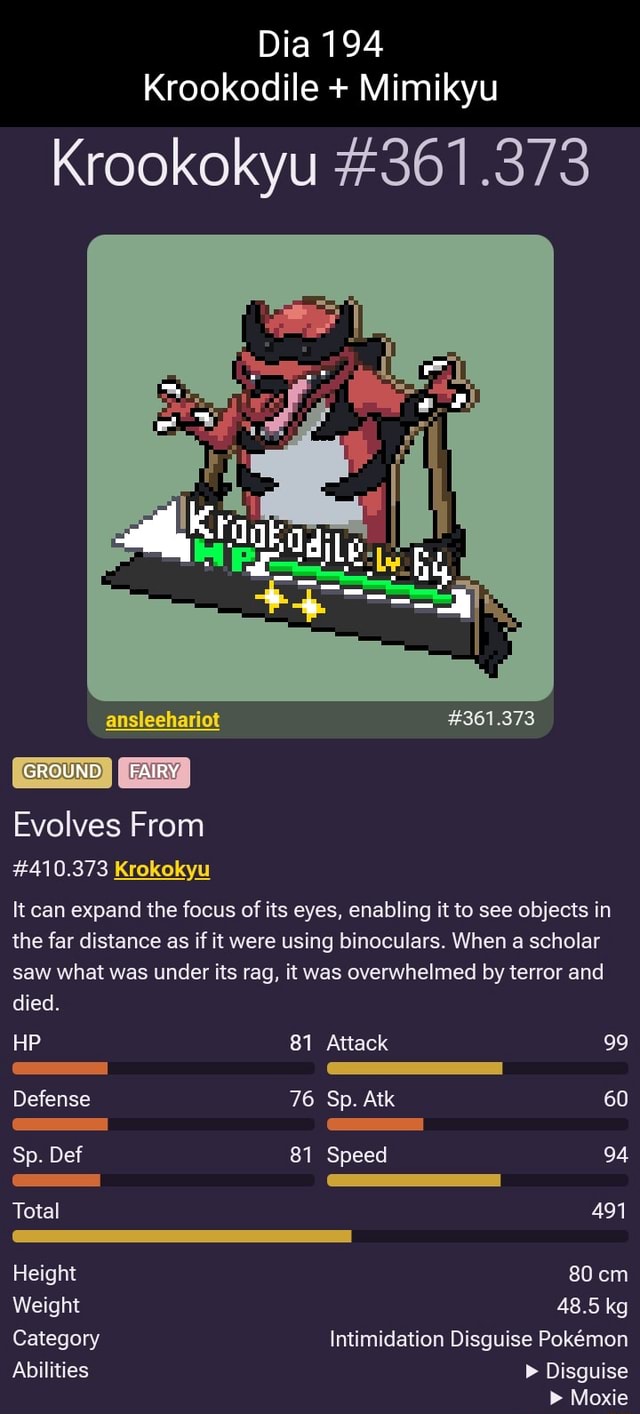 Dia 194 Krookodile Mimikyu Krookokyu #361 .373 GROUND FAIRY Evolves ...