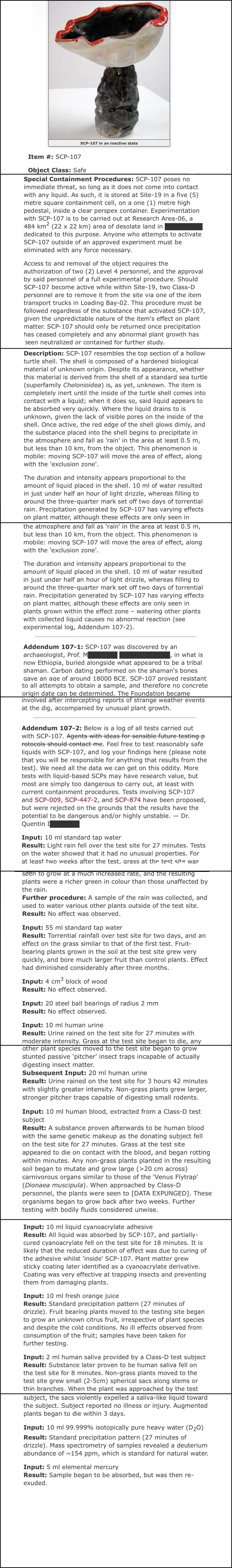 Object Class: Safe Special Containment Procedures: SCP-107 poses no ...