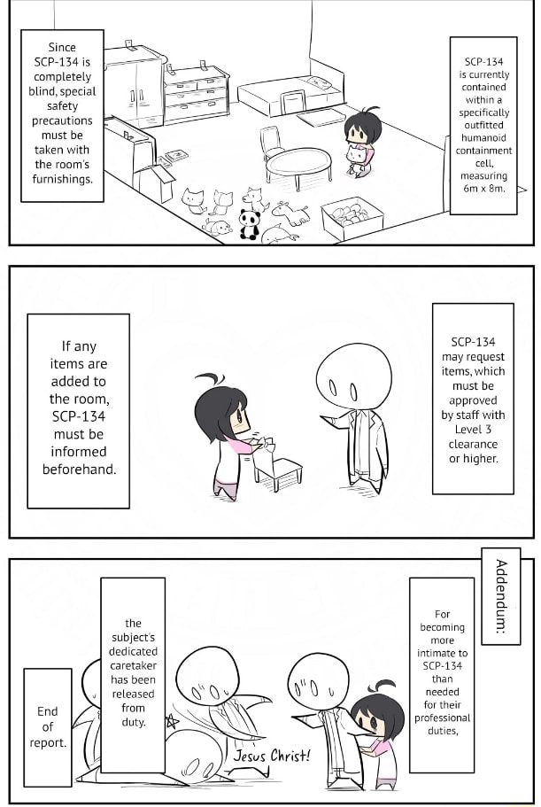 Since SCP-134 is completely blind, special safety precautions must be taken with the room's ...