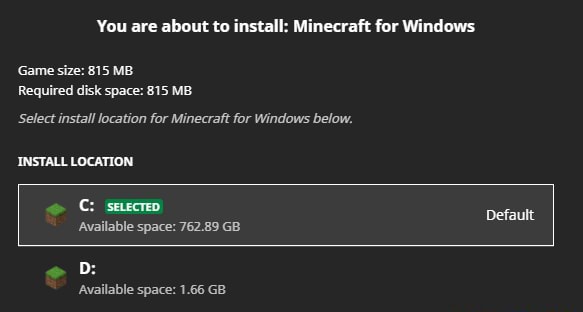 You are about to install: Minecraft for Windows Required disk space ...