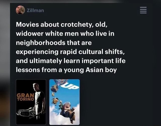 Zillman Movies about crotchety, old, widower white men who live in ...