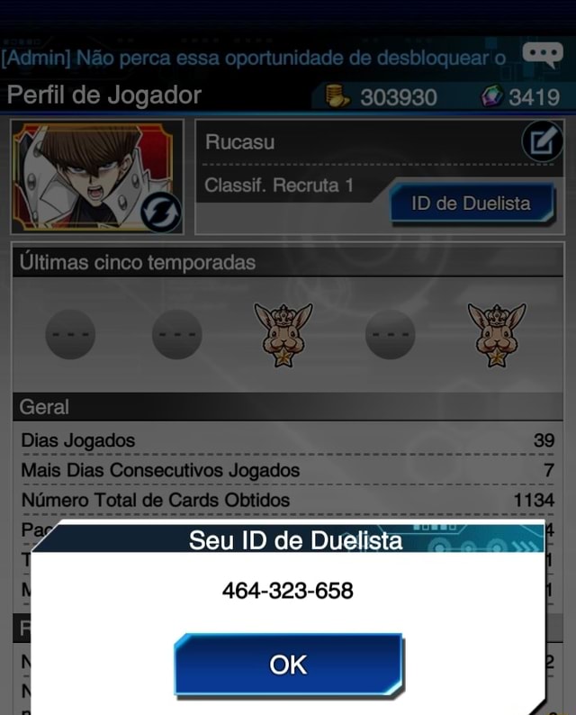 Perfil de Jogador 3419 Rucasu Classif. Recruta 1 ID de Duelista ...