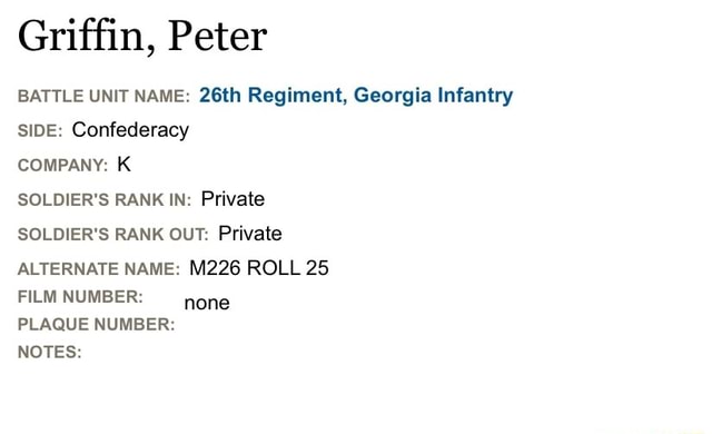 Griffin, Peter BATTLE UNIT NAME: 26th Regiment, Georgia Infantry SIDE ...