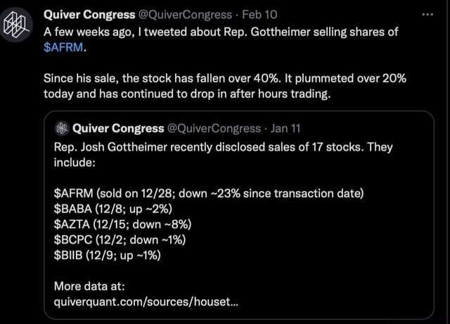 Quiver Congress @QuiverCongress Feb 10 A few weeks ago, I tweeted about Rep. Gottheimer selling ...