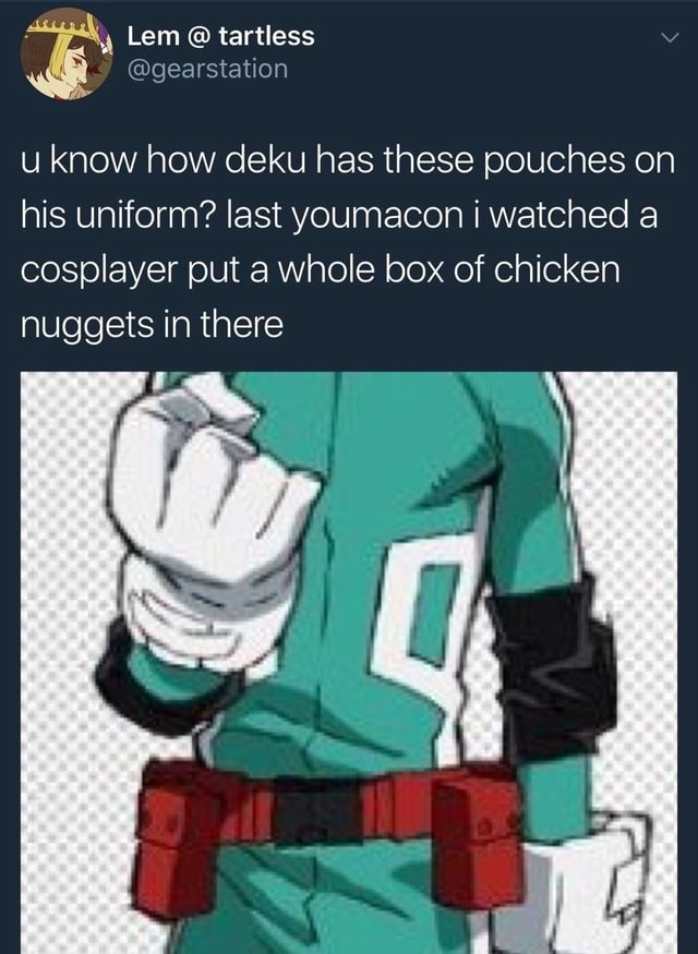 "TL Lem @ tartless @gearstation u know how deku has these pouches on ...