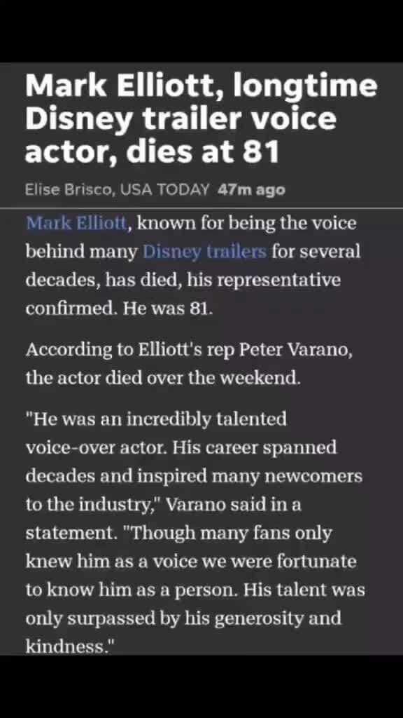 RIP Mark Elliot - Mark Elliott, longtime Disney trailer voice actor ...